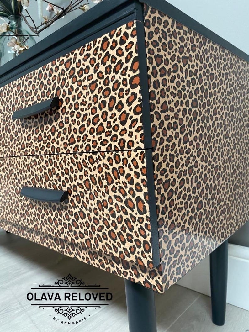 Stylish, Leopard Print, Black TV Unit, 6-drawer Sideboard Cabinet Media ...