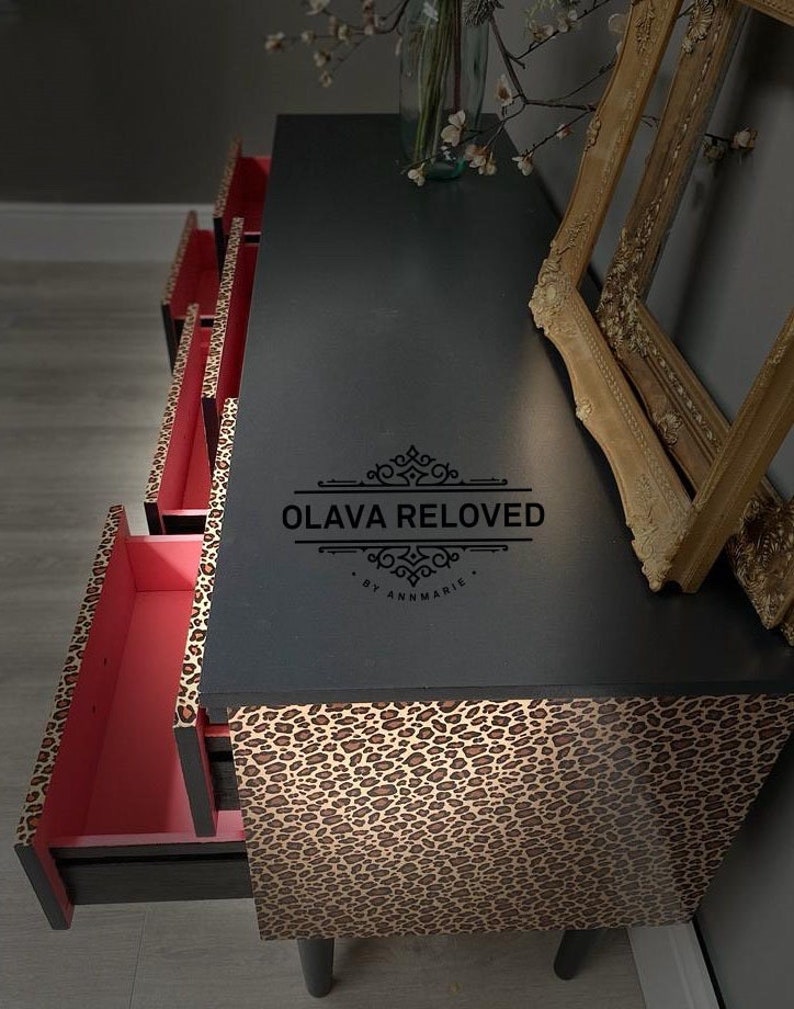 Stylish, Leopard Print, Black TV Unit, 6-drawer Sideboard Cabinet Media ...