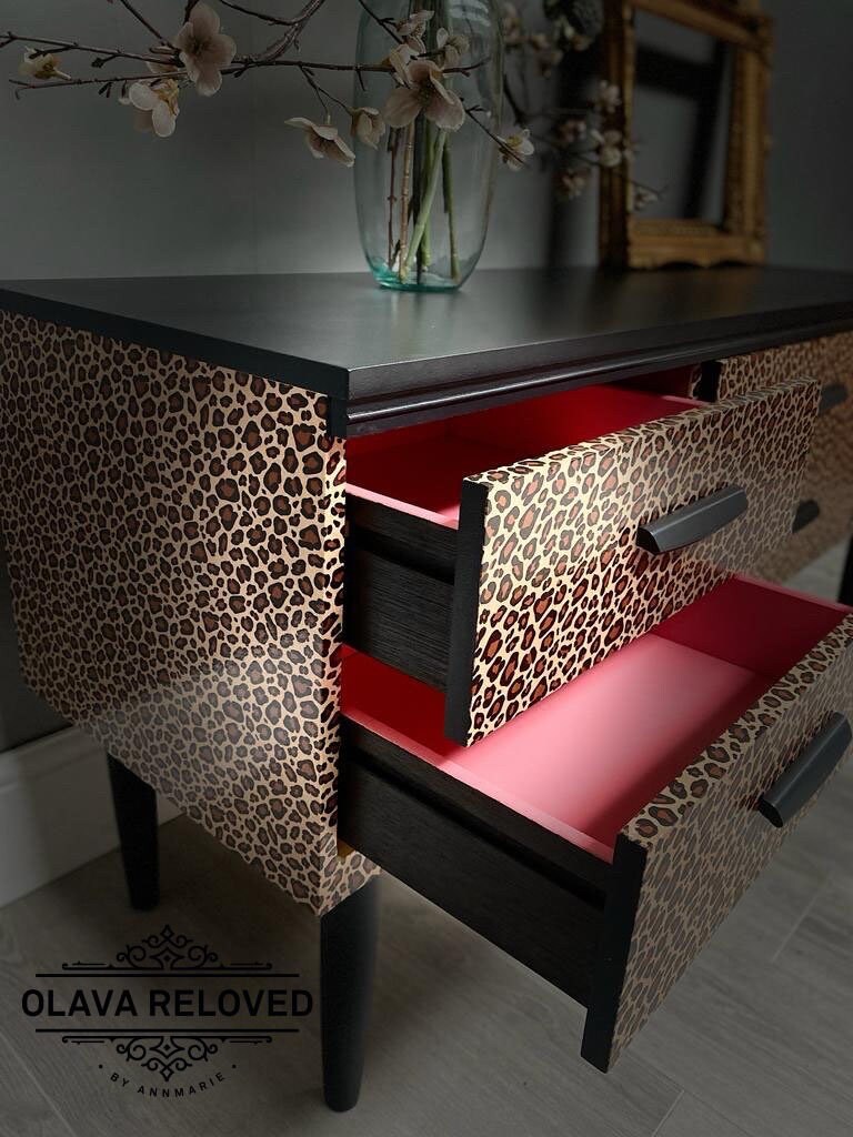 Stylish, Leopard Print, Black TV Unit, 6-drawer Sideboard Cabinet Media ...