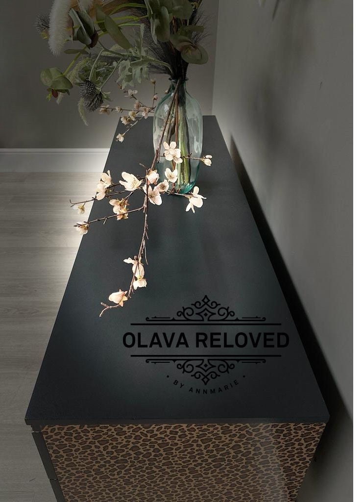 Stylish, Leopard Print, Black TV Unit, 6-drawer Sideboard Cabinet Media ...