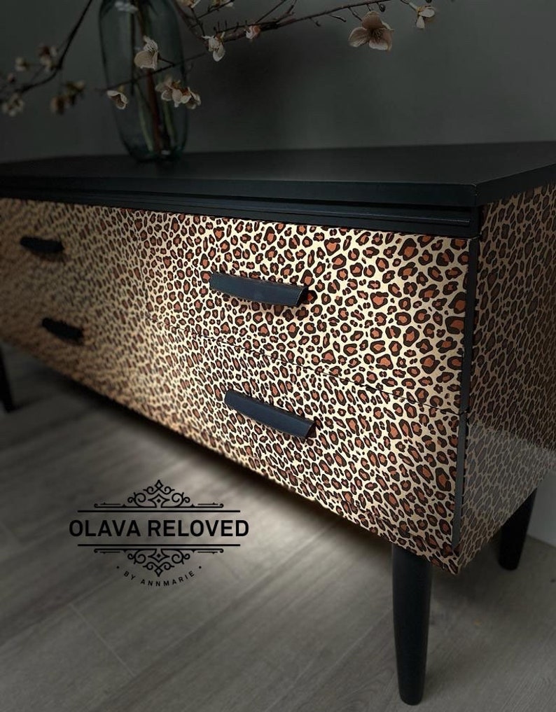 Stylish, Leopard Print, Black TV Unit, 6-drawer Sideboard Cabinet Media ...