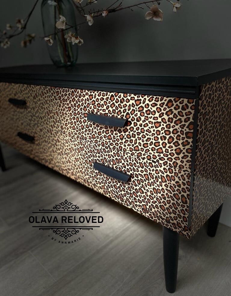 Stylish, Leopard Print, Black TV Unit, 6-drawer Sideboard Cabinet Media ...