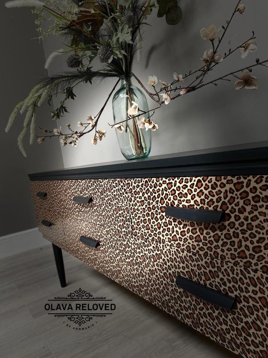Stylish, Leopard Print, Black TV Unit, 6-drawer Sideboard Cabinet Media ...