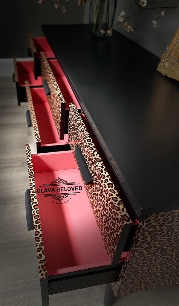 Stylish, Leopard Print, Black TV Unit, 6-drawer Sideboard Cabinet Media ...