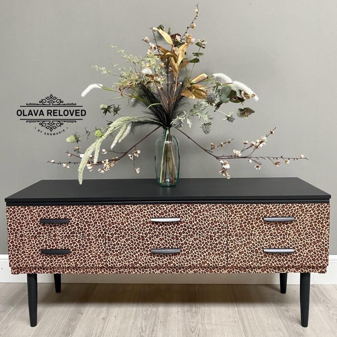 Stylish, Leopard Print, Black TV Unit, 6-drawer Sideboard Cabinet Media ...