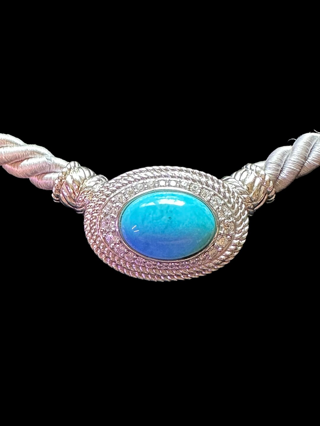 Judith Ripka Turquoise Sterling Silver CZ Pendant on Gray Silk Cord - Etsy