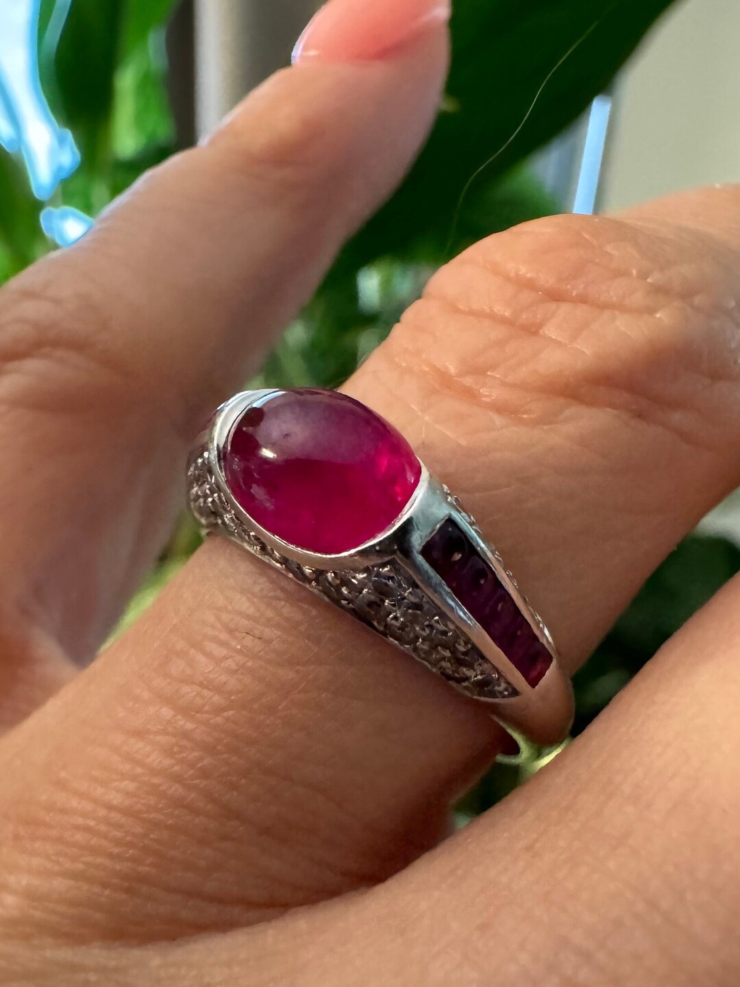 Art Deco Style Ruby and Diamond 18k White Gold Ring Cabochon and Buff ...