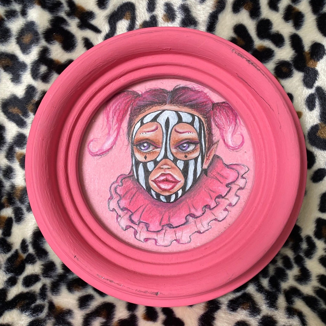 Pink Coquette Clownette Original Drawing Portrait Pink in Small ...
