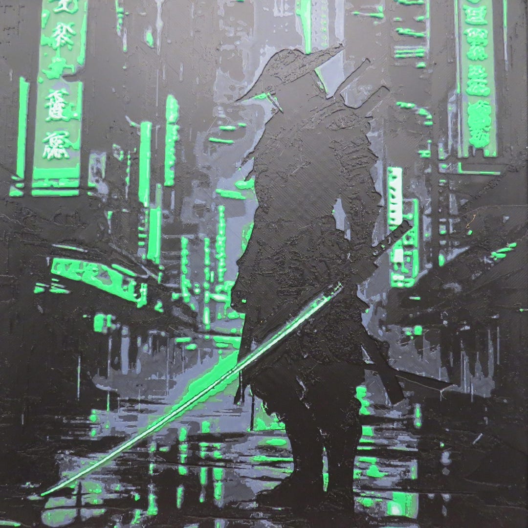 Neon Samurai With Glowing Sword - Hueforge 3D Print Mural Wall ...
