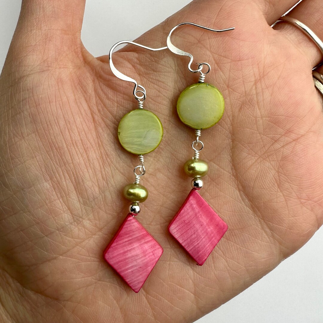 LONG Pink + Lime Mother of Pearl + Pearls Dangle Earrings | Shell ...