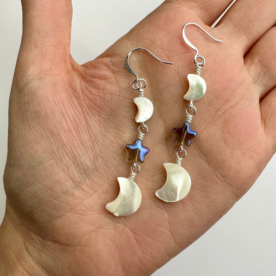 Mother of Peal Moons and Iridescent Blue Stars Celestial LONG Dangle ...