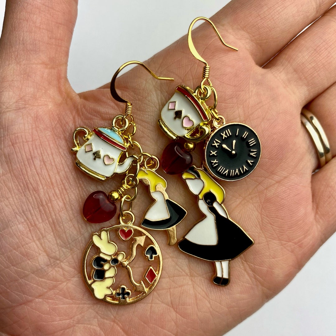 Black + White Alice in Wonderland Dangle Earrings | White Rabbit Alice ...
