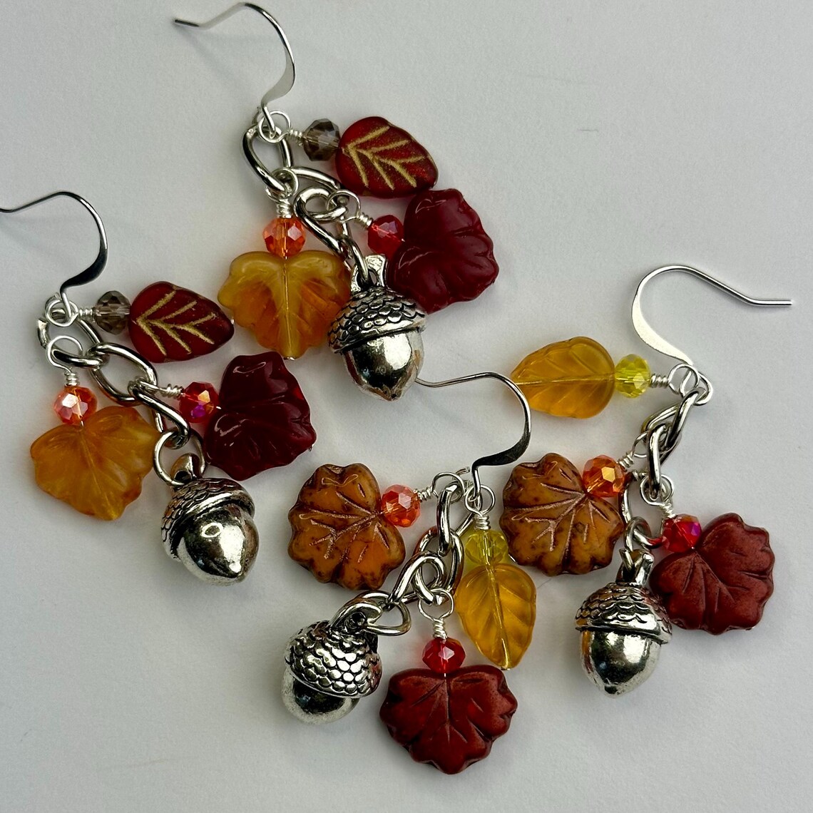 Acorns With Red + Gold Fall Color Leaves Multi-dangles | Czech Glass ...