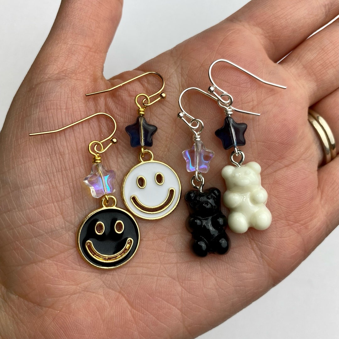 SET of 2! Black + White Mismatched Smiley Faces + Gummy Bears Earrings ...