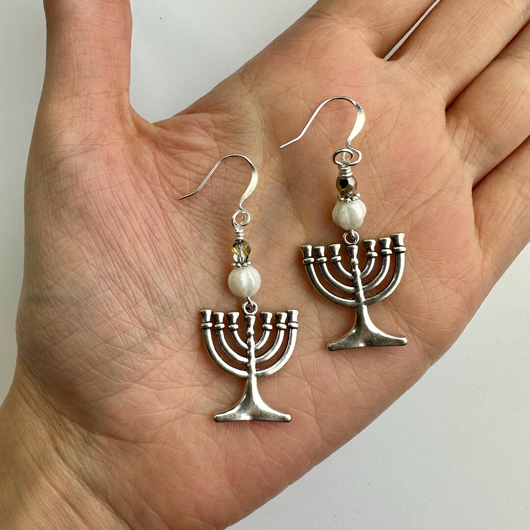 Medium Hanukkah Menorah Earrings White Silver Czech Glass Beads Pewter ...