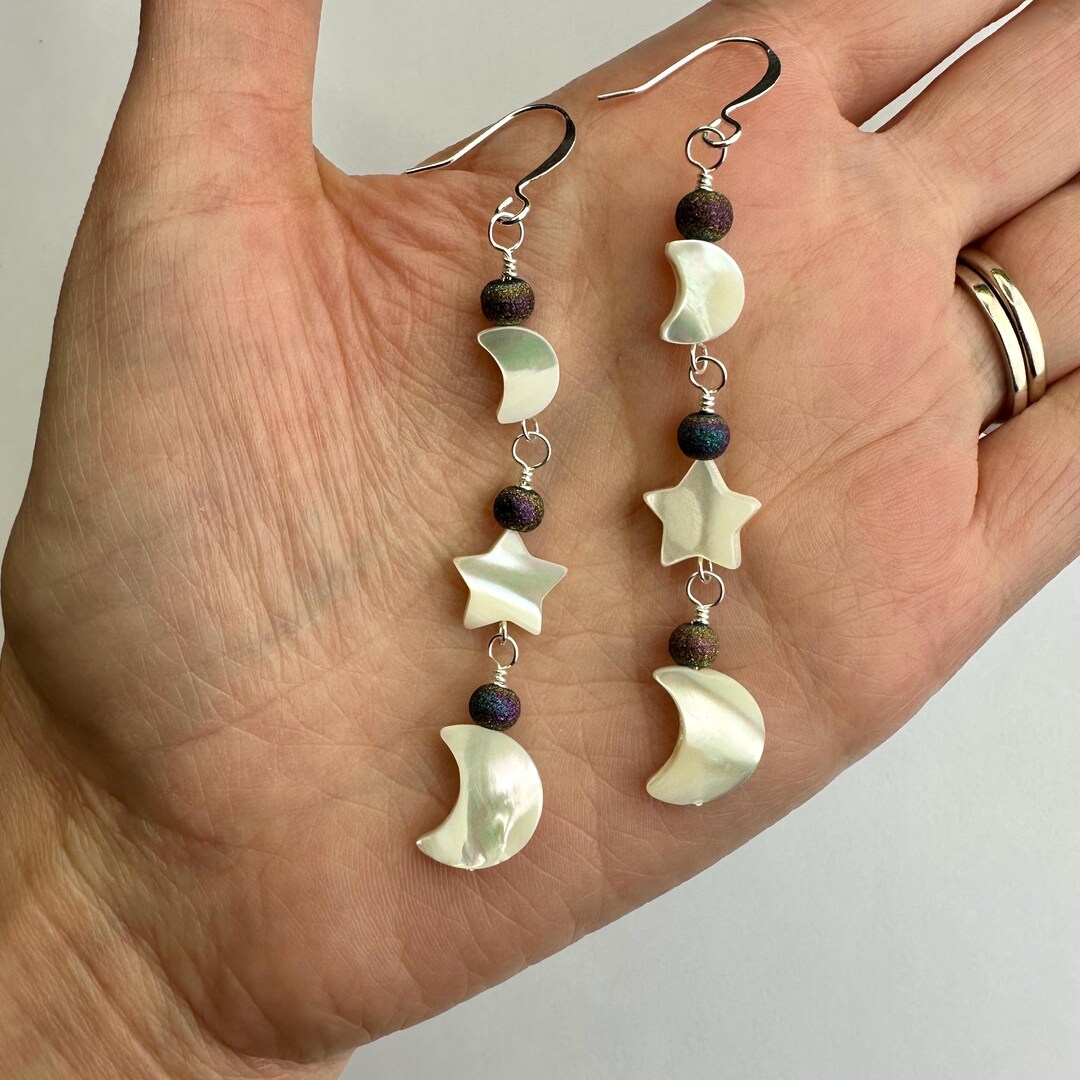 LONG Mother of Pearl Moons + Stars Iridescent Druzy Celestial LONG ...