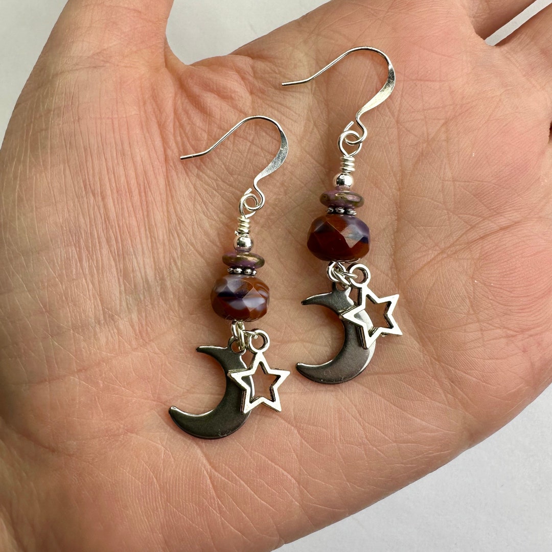 Dangly Celestial Moons + Stars Earrings | Bronze + Purple Czech Glass ...