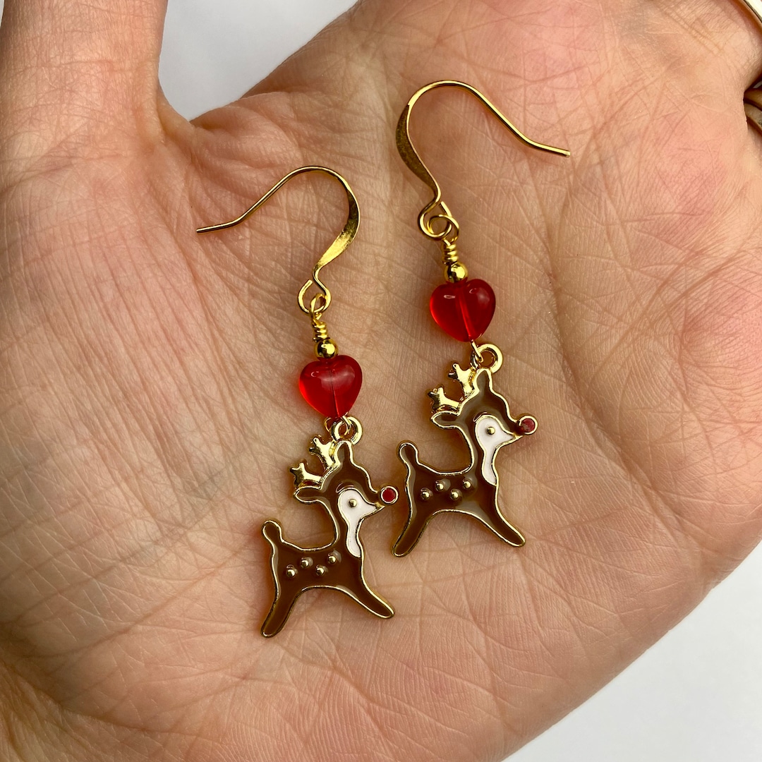 Cute Rudolph the Reindeer Dainty Red Glass Heart Dangles Christmas ...