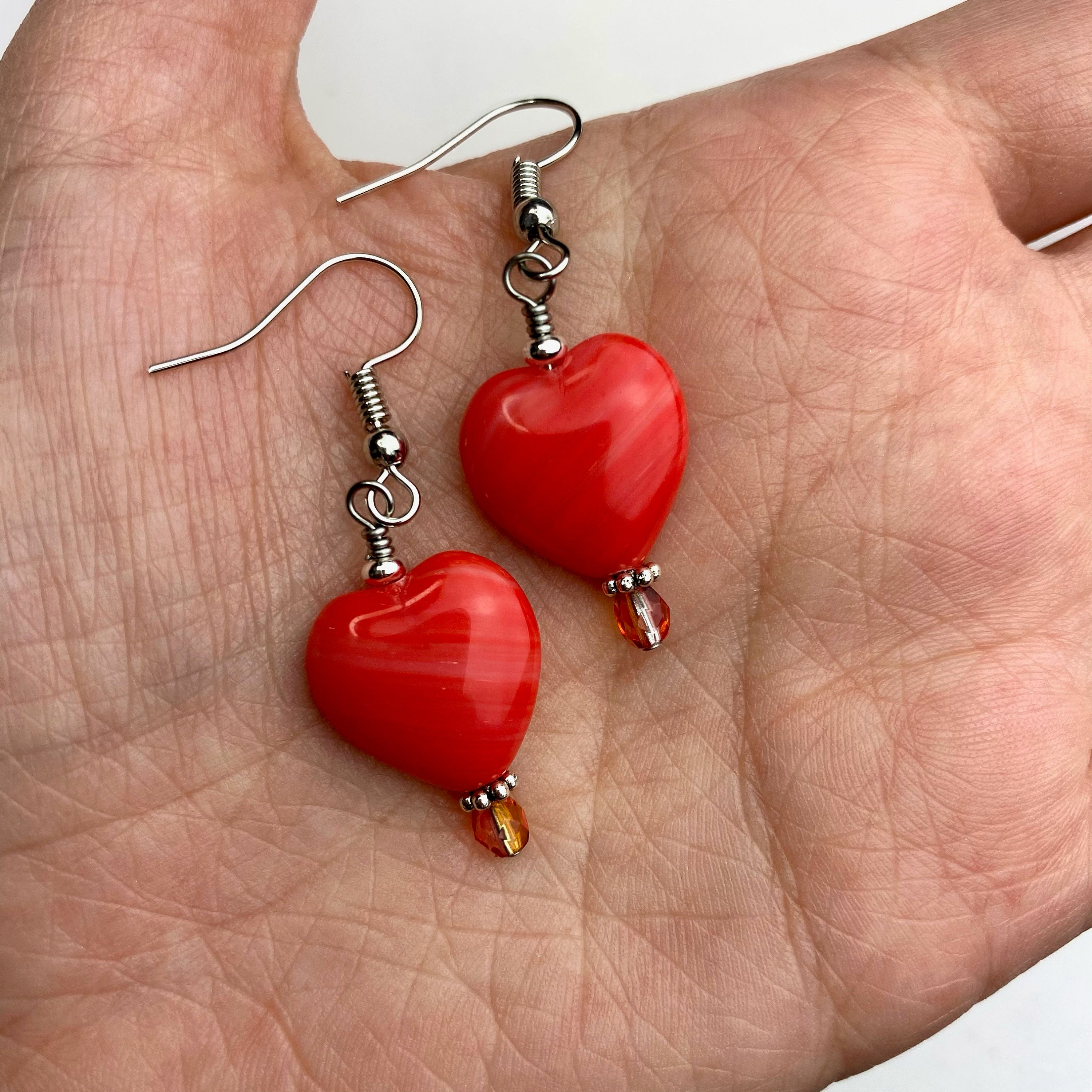 Coral Red Striped Czech Hearts Single Dangle Earrings | Red Hearts ...