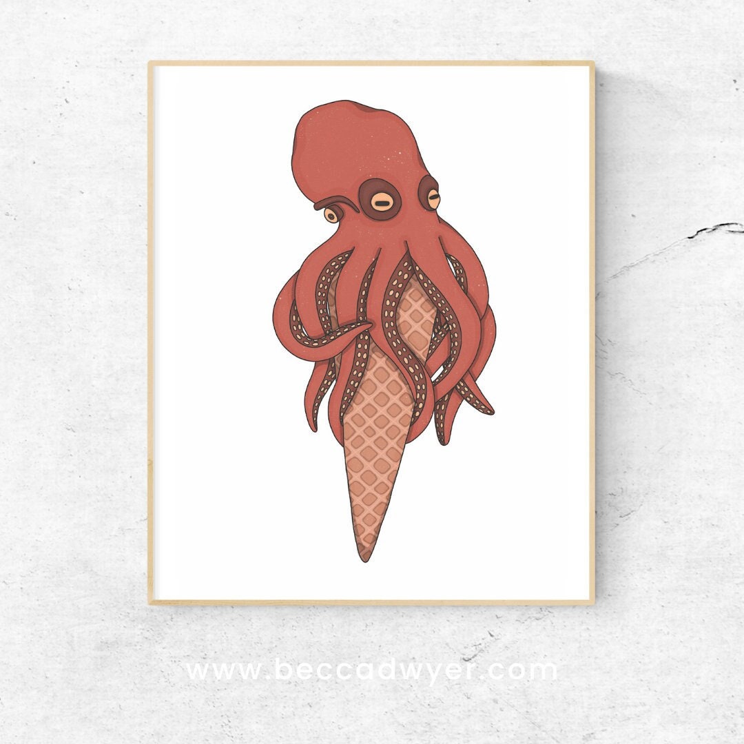 Octocone Art Illustration Octopus Ice Cream Cone Wall Art Octopus Art ...