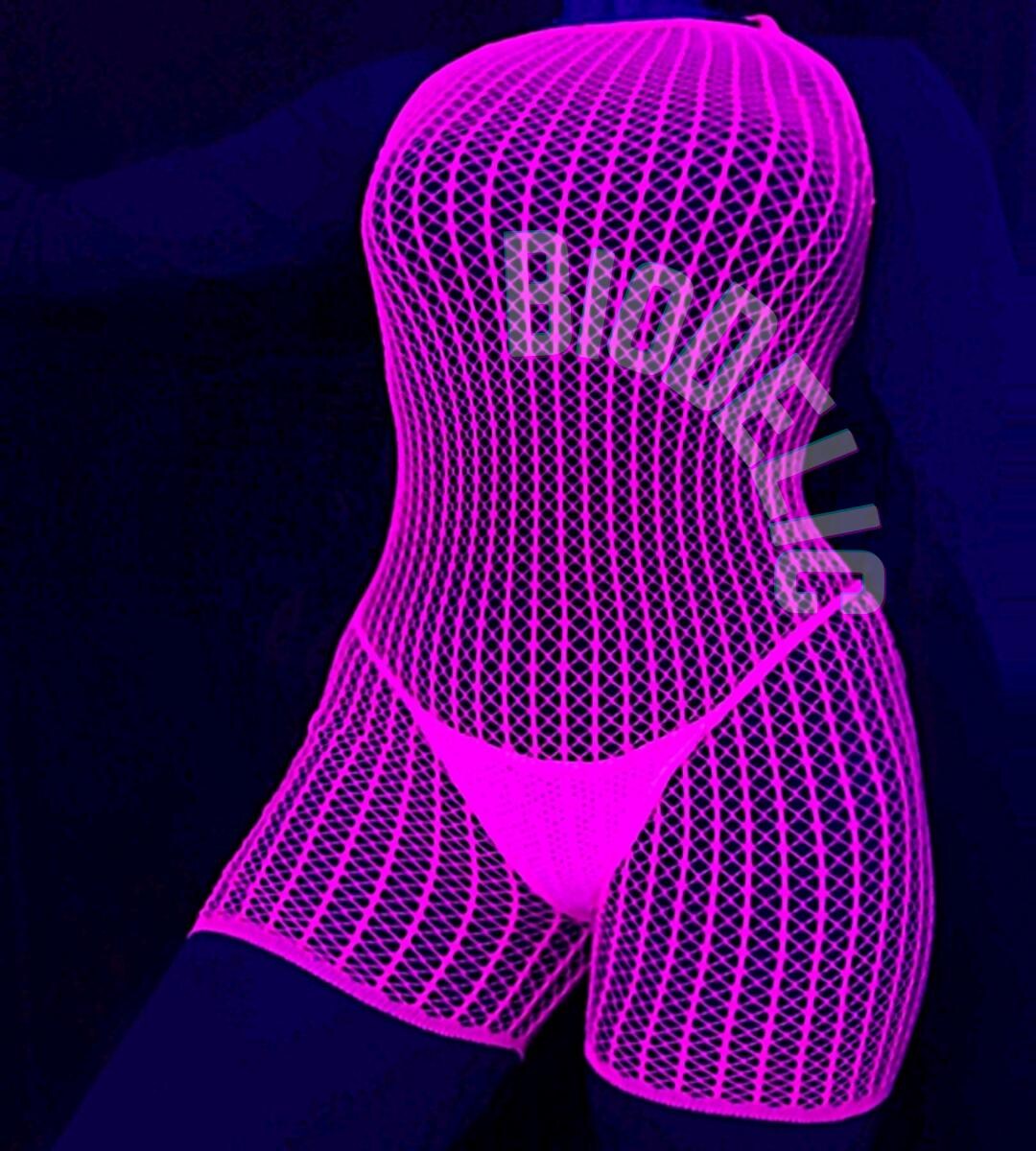 Pink Mesh Onesie Neon Outfit Shorts & Top UV Glow Blacklight Reactive ...