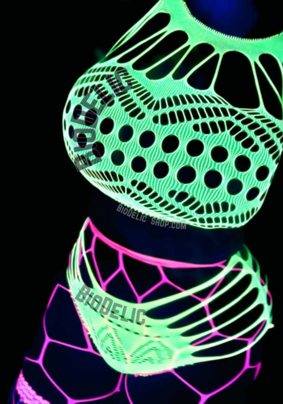 Biodelic Neon Lingerie Set UV GREEN Top Panty See Through Mesh Glow in ...
