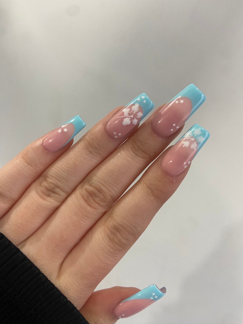 Baby Blue Hibiscus Flower Press on Nails, Press on Nails, Baby Blue ...