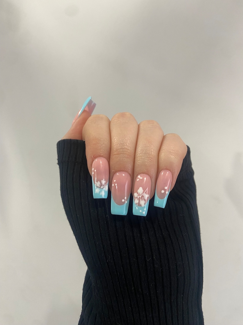Baby Blue Hibiscus Flower Press on Nails, Press on Nails, Baby Blue ...