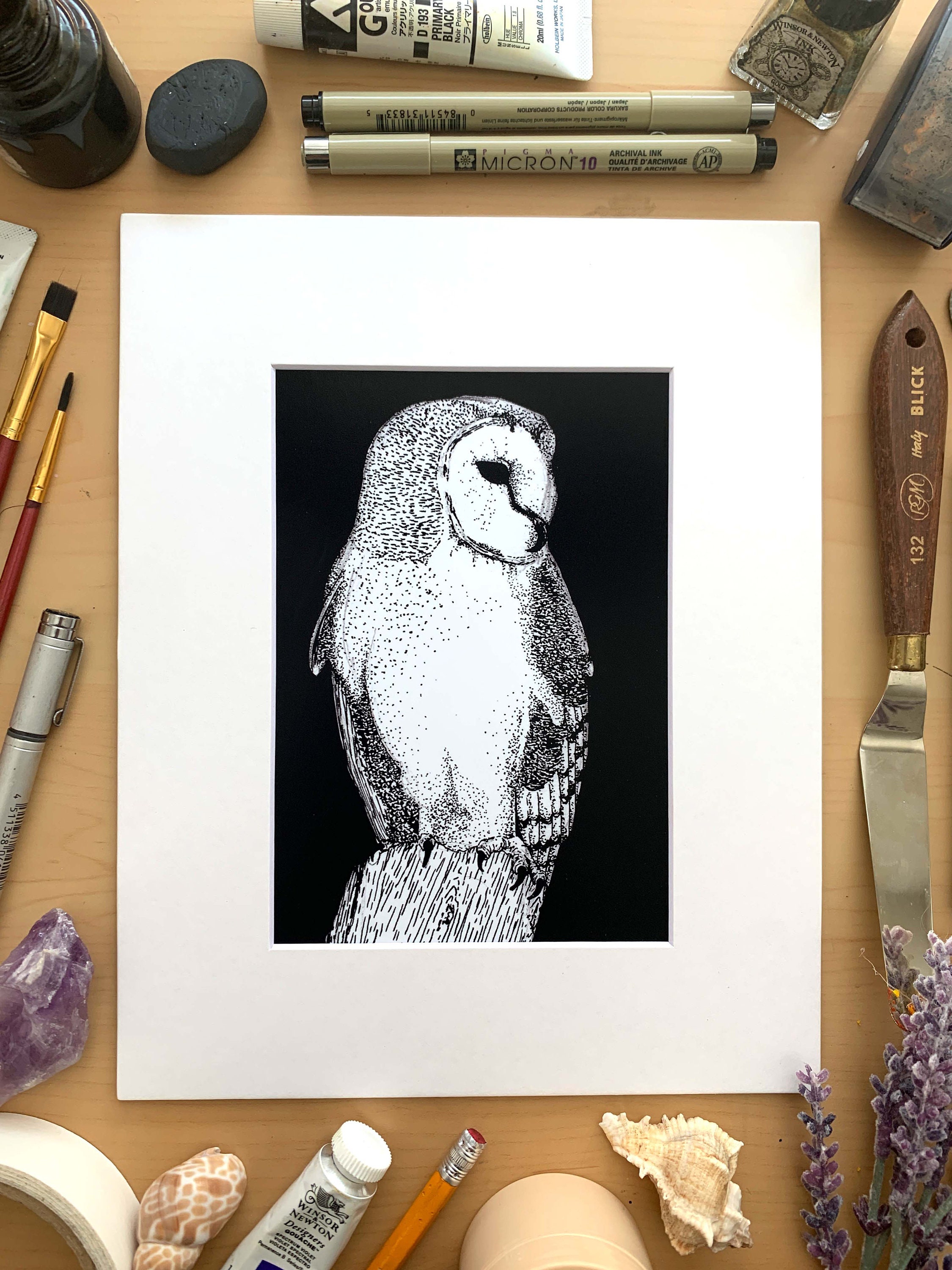 Barn Owl - Pen and Ink Illustration Art Print - Owl Drawing With Mat ...