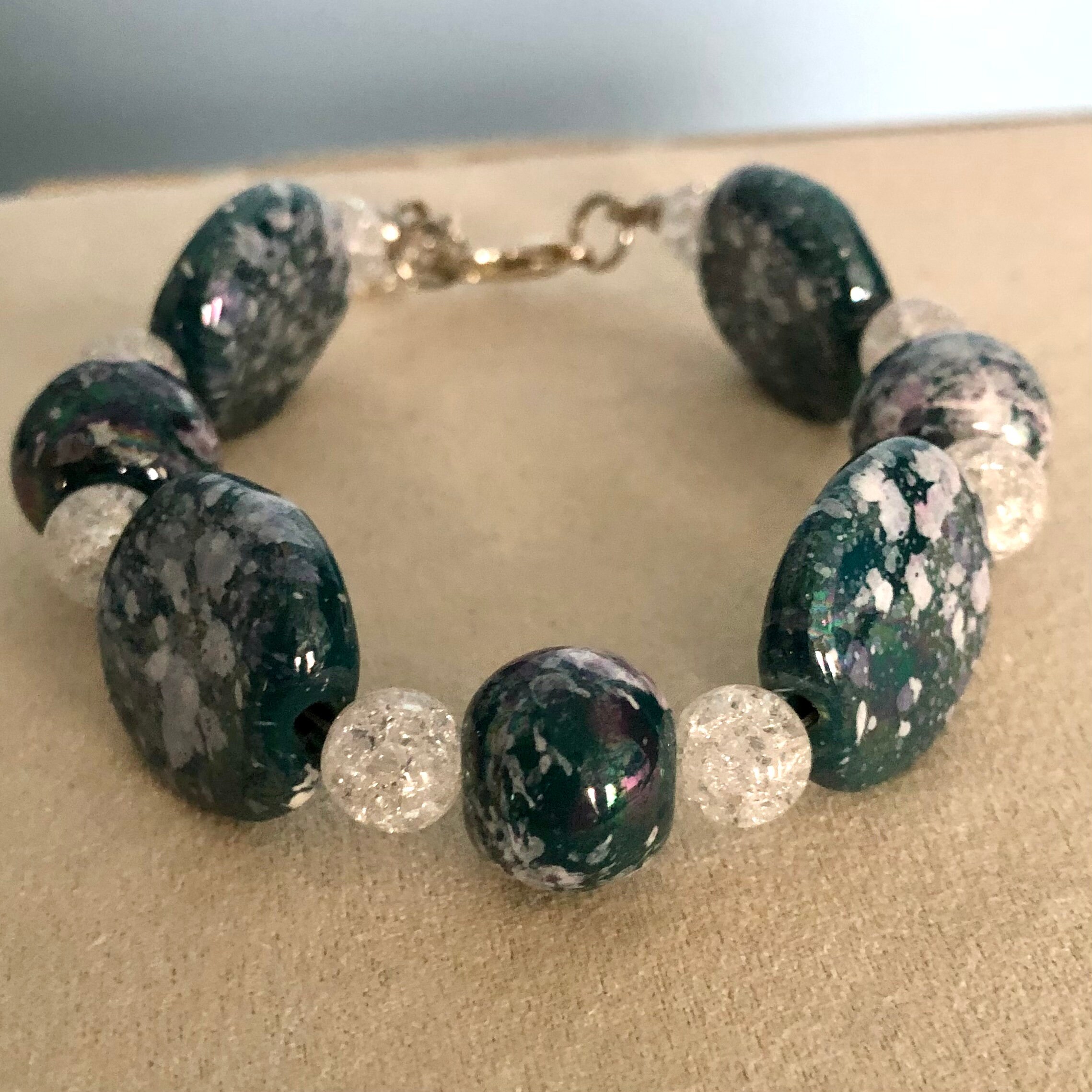 Kazuri Beads Bracelet Green Splatter and White Crystals - Etsy