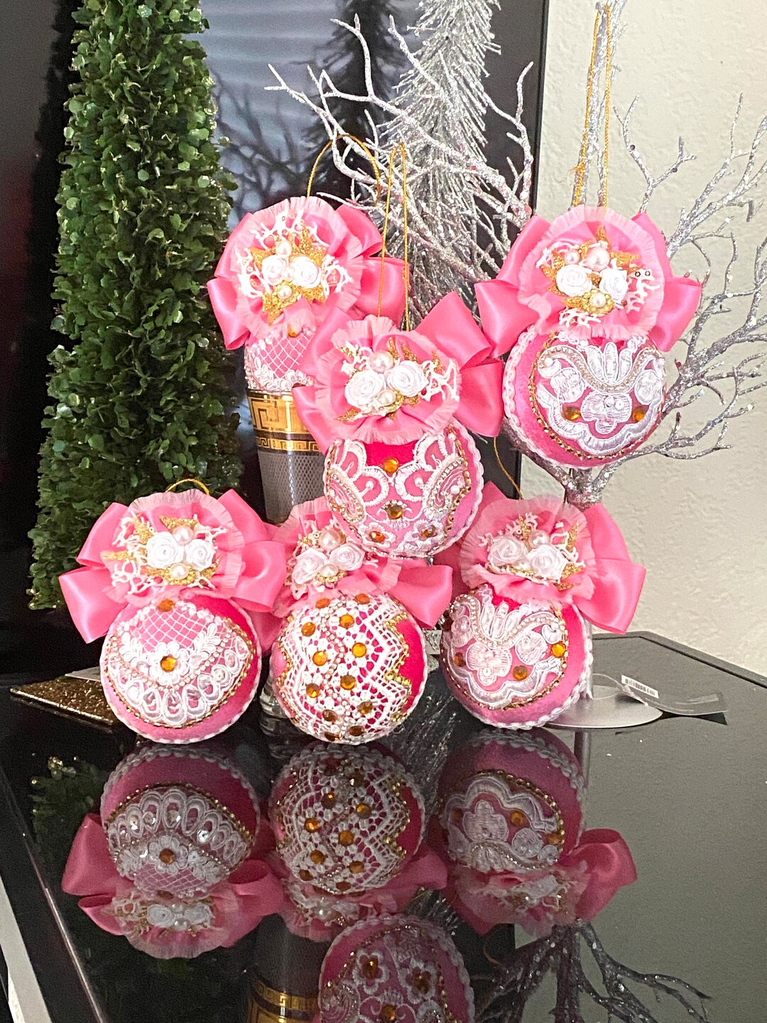 Set of 6 Velvet Rhinestones Ball, Pink and Gold Christmas Ornament ...