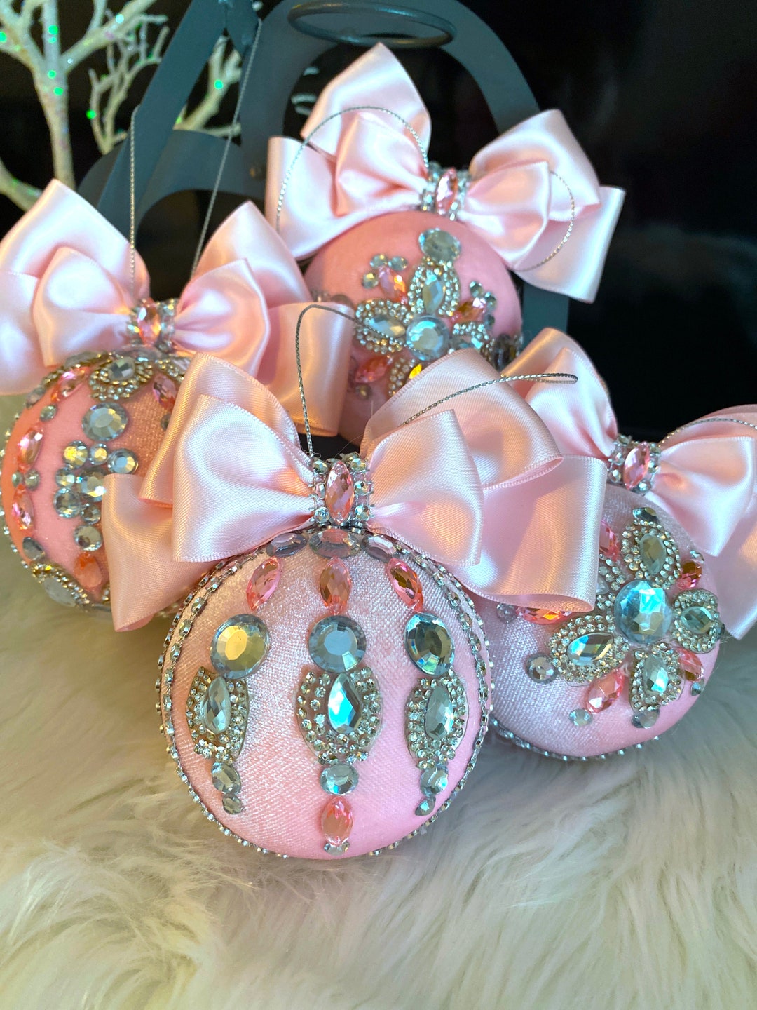 Pink Christmas Ornaments, Holiday Tree Balls, Rhinestone Bauble, Pink ...