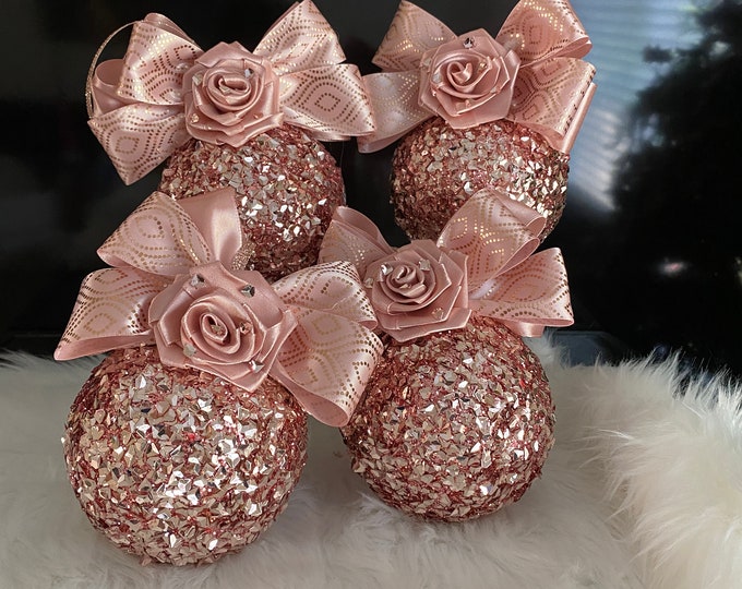 Set of 4 Rose Gold Christmas Ornament, Tree Rose Gold Ball, X-mas Gold ...