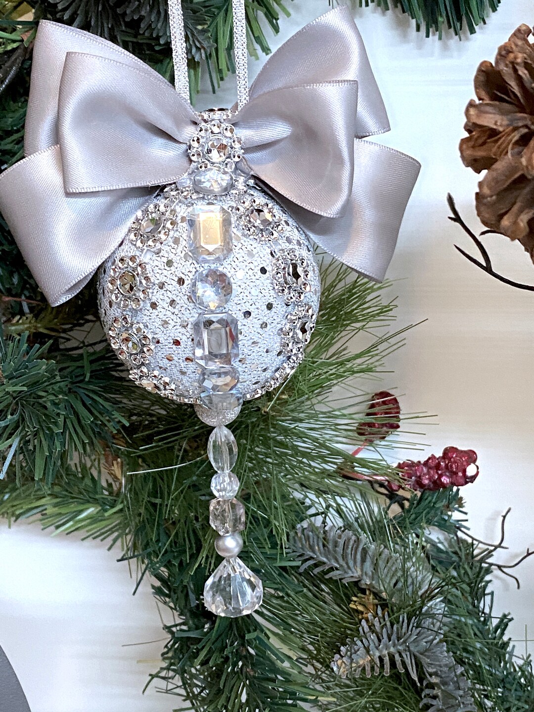 Handmade Rhinestone Christmas Ball Ornament, Silver Holiday Tree Bauble ...