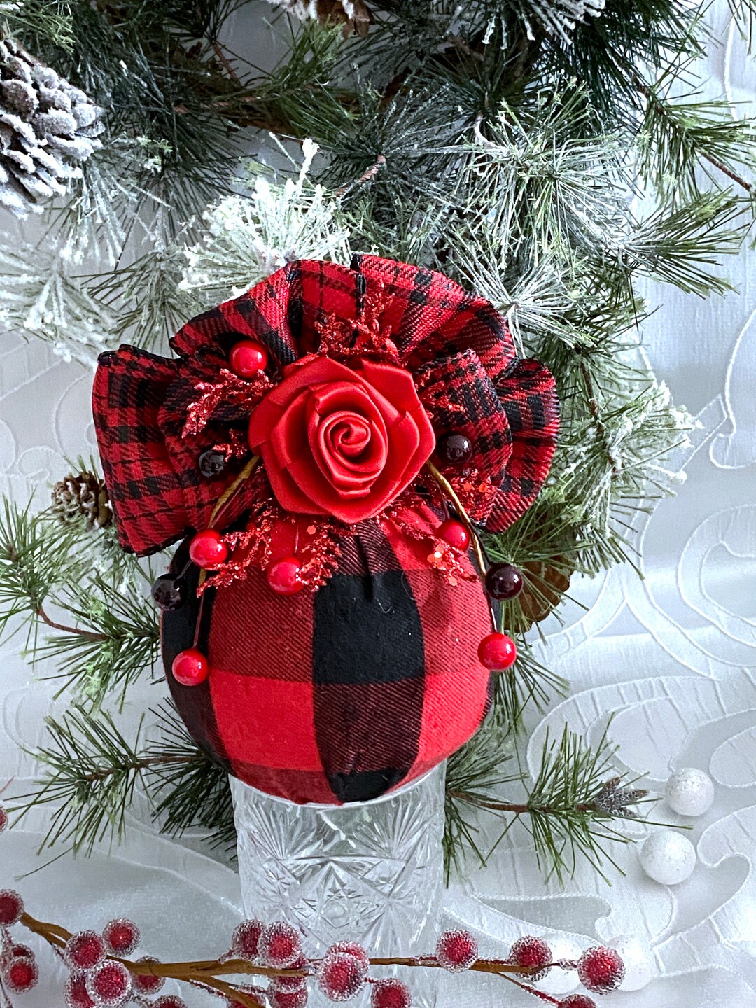 Set of 4 Buffalo Check Christmas Ball Ornament, Red & Black Plaid ...