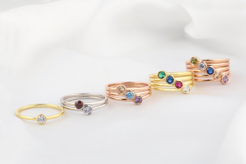 10K Gold Multi-band Birthstone Ring, Personalized Stackable Jewelry - Etsy