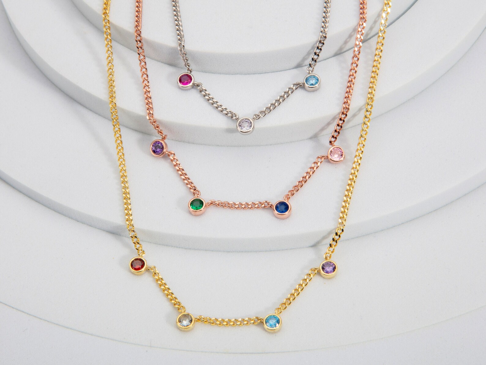 Spaced Birthstone Cuban Chain Necklace, 14K Gold Family Necklace - Etsy
