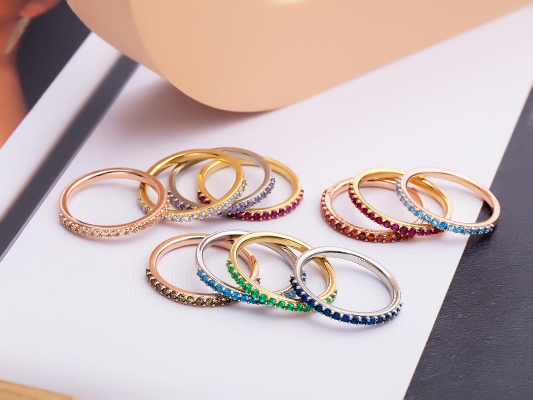 14K Gold Half Infinity Birthstone Stacking Ring, Personalized Gemstone ...