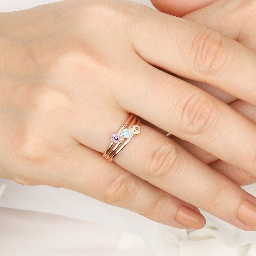 10K Gold Multi-band Birthstone Ring, Personalized Stackable Jewelry - Etsy