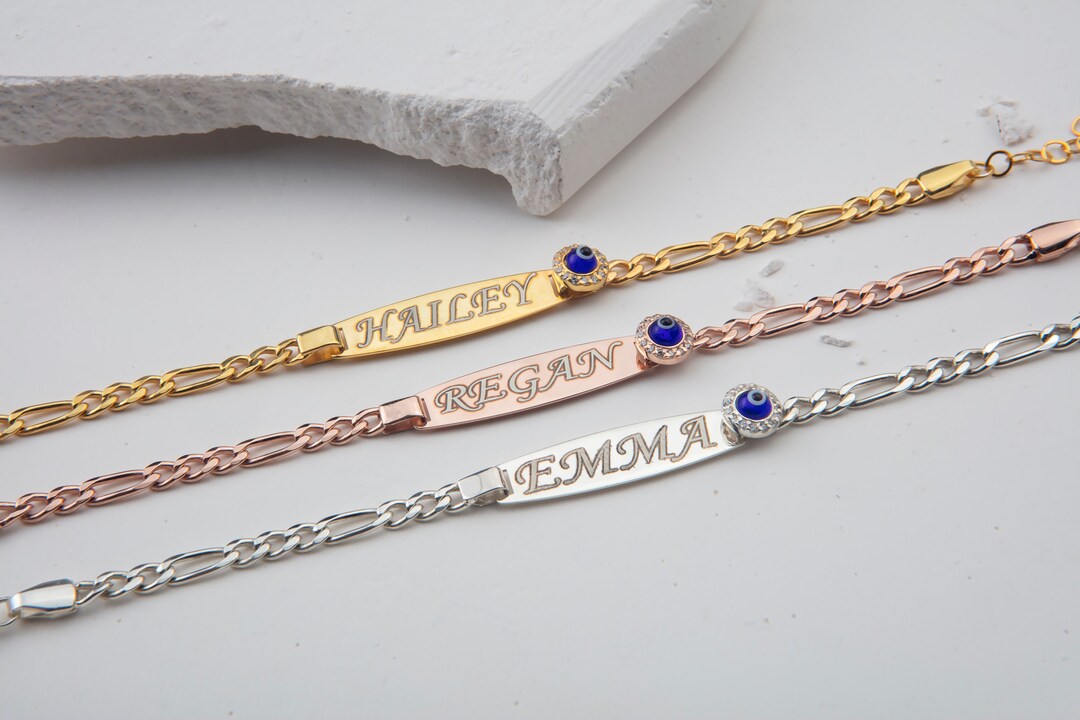 14K Gold Good Luck Evil Eye Name Bracelet, Figaro Chain Evil Eye, Name ...