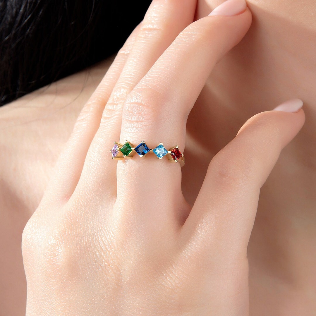 10K Gold Princess Birthstone Ring, Personalized Gifts, Silver Family ...