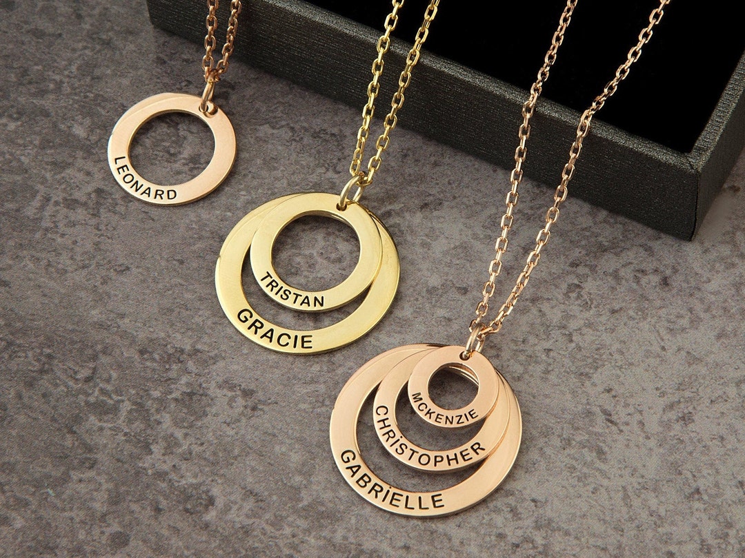 14K Solid Gold Name Necklaces, Multi Name Engraved Circle Necklace ...