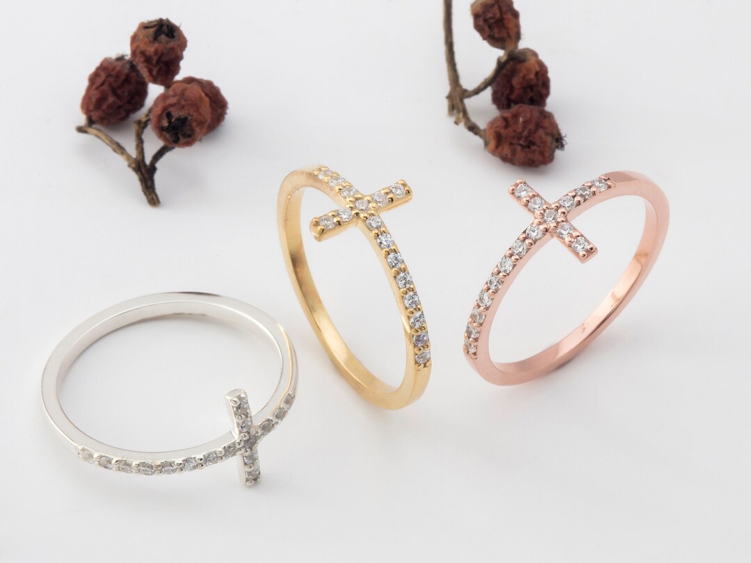 14K Gold Cross Rings for Women, Silver Zircon Diamond Cross Rings, 10K ...