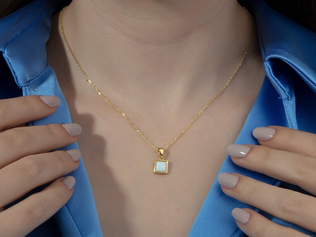 14K Gold Square Opal Pendant Necklace, White Fire Opal Birthstone ...