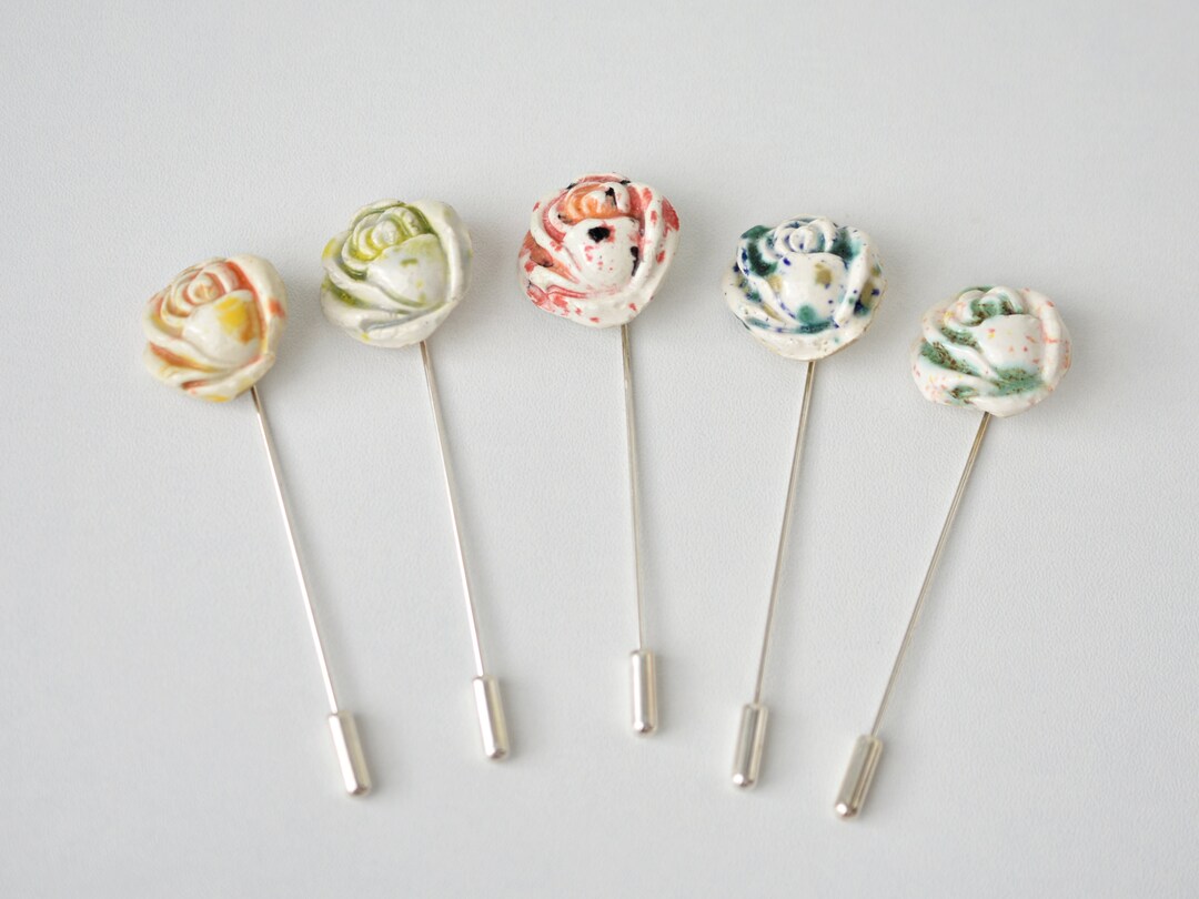 Small Ceramic Rose Flower Stick Pins. Unique Cute Mens Lapel Pin ...