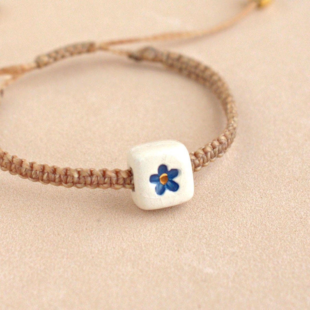 Delicate Blue Flower Bracelet. Ceramic and Macrame Bracelet for Women ...