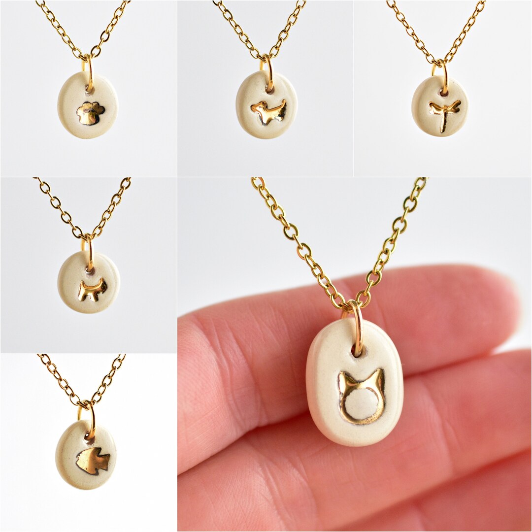 Ceramic and Gold Animal Pendant Necklace. Cat, Dragonfly, Dachshund ...