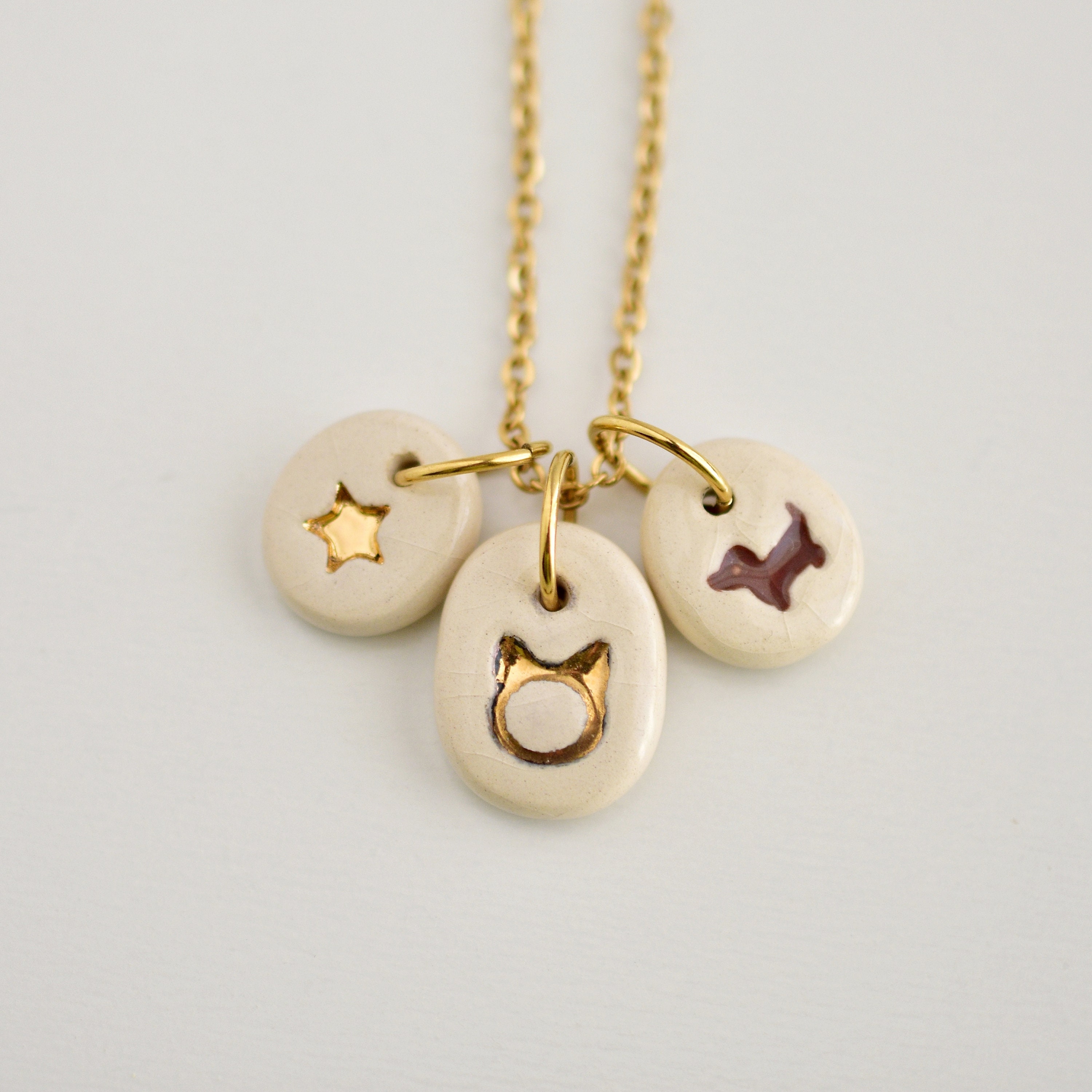 Ceramic and Gold Animal Pendant Necklace. Cat, Dragonfly, Dachshund ...
