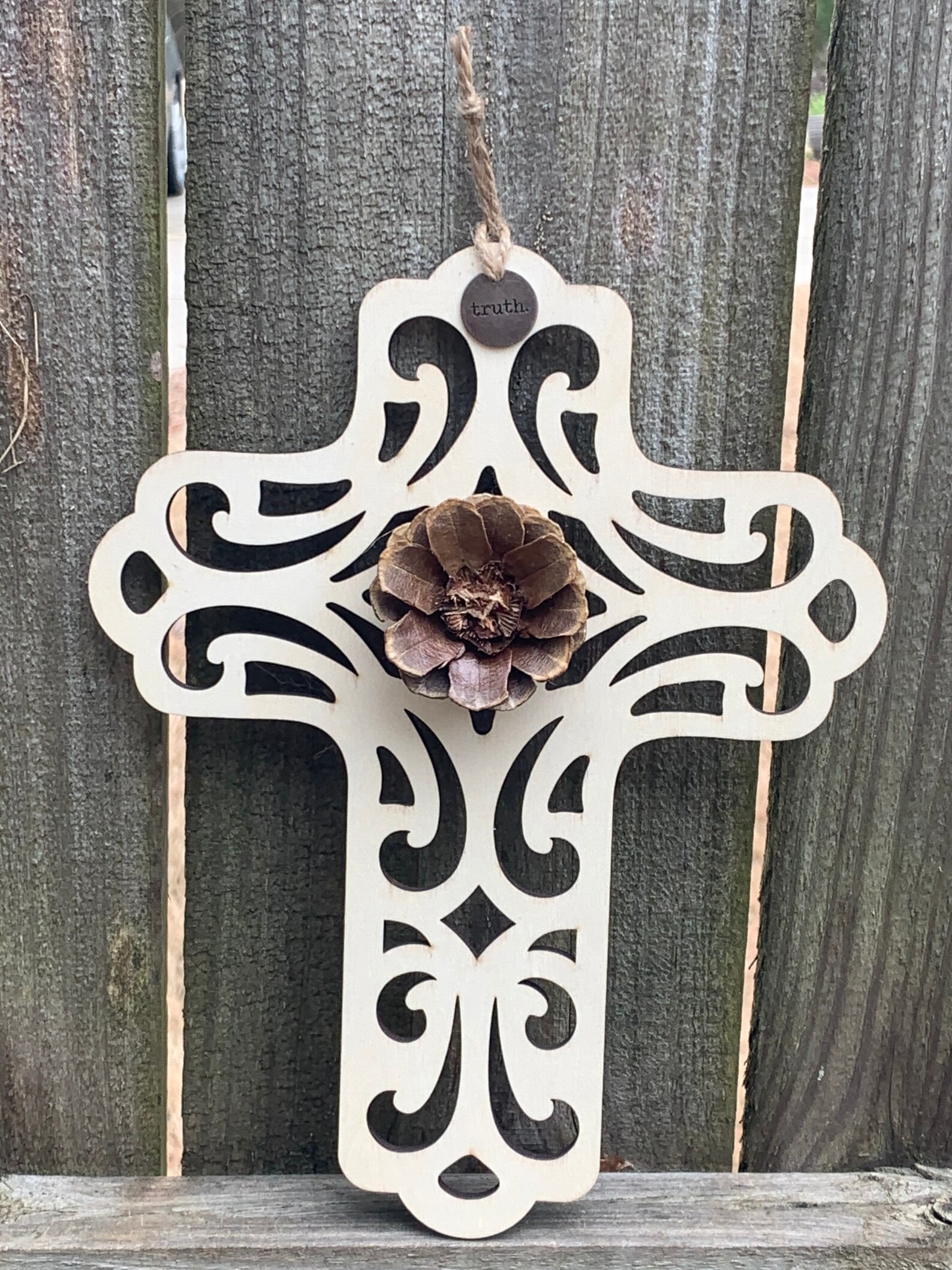Laser Cut Wood Cross With Pinecone Flower and Charm. - Etsy