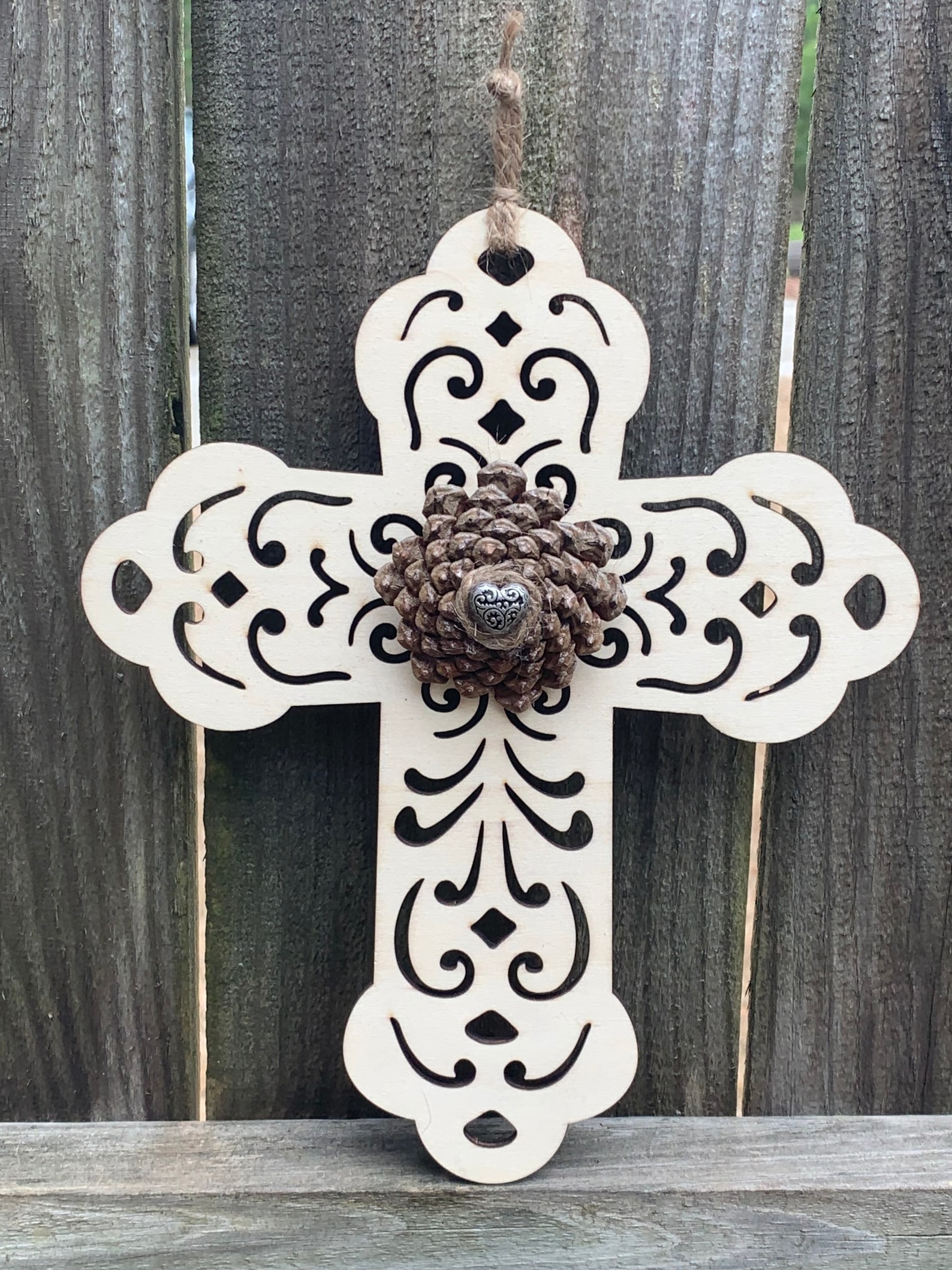Laser Cut Wood Cross With Pinecone Flower and Charm. - Etsy